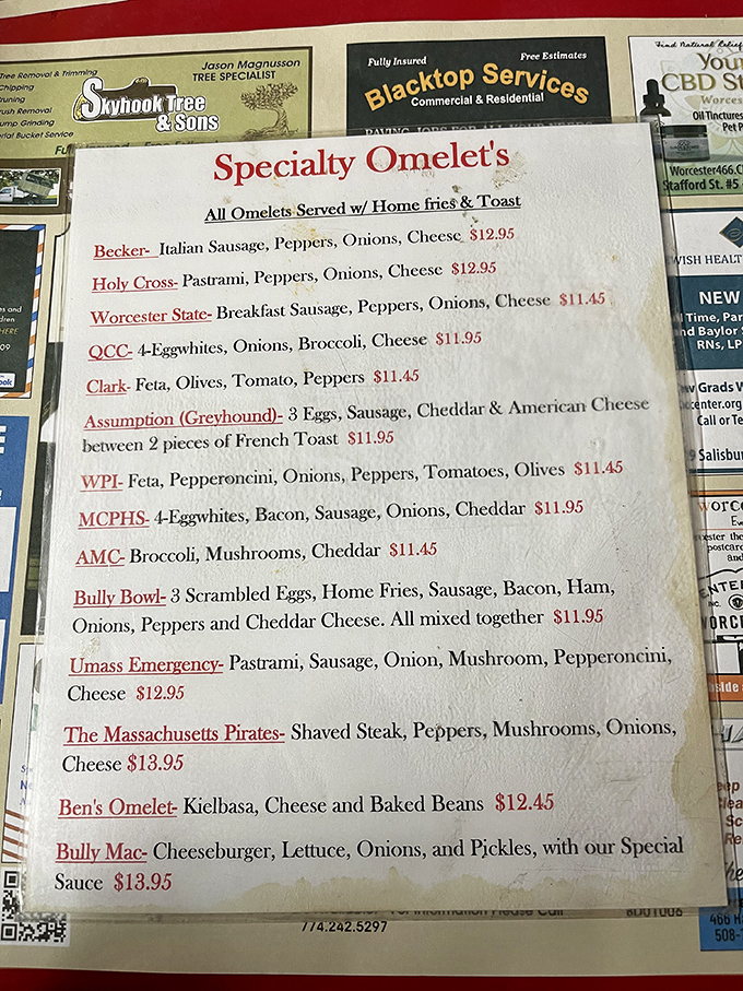 The specialty omelets menu reads like a Worcester geography lesson &ndash; each creation named after local landmarks and institutions, served with those legendary home fries.