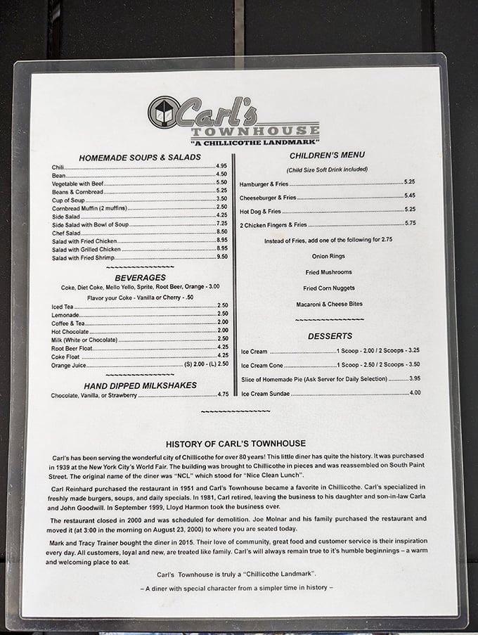 History served alongside hash browns. The menu tells the story of Carl's journey from "Nice Clean Lunch" to beloved Chillicothe landmark.