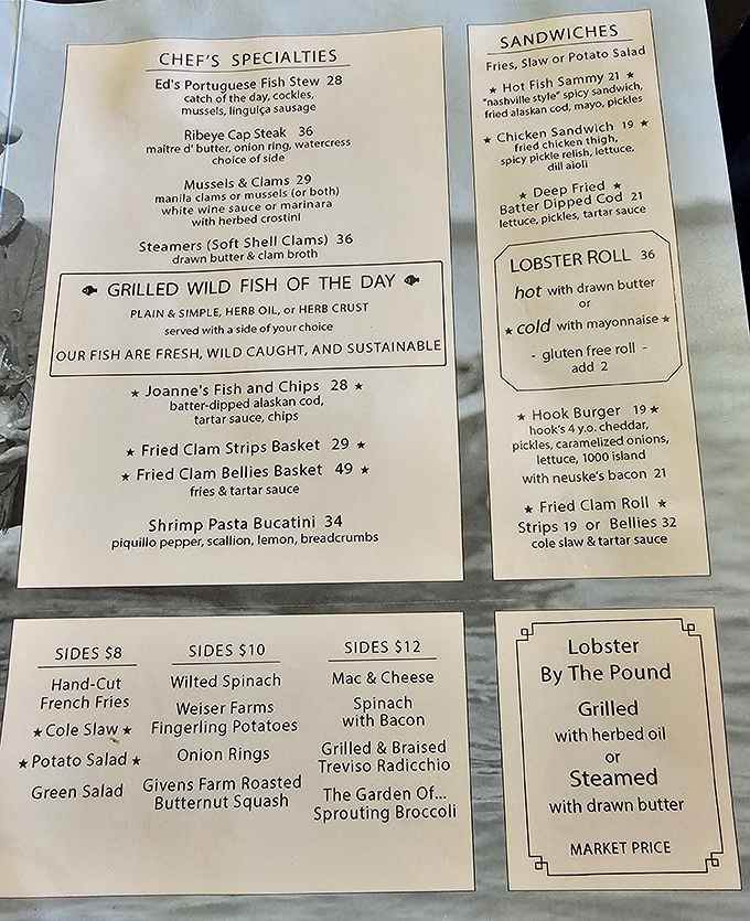 The menu reads like a love letter to New England seafood traditions. Decisions, decisions&mdash;though you can't go wrong with anything involving clams or lobster.