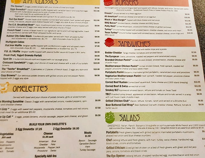 The menu reads like a breakfast lover's dream journal, with everything from classic Benedicts to creative waffles that'll make your morning.