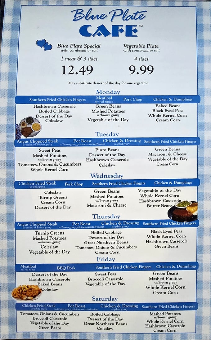 The weekly specials board reveals Blue Plate's Southern soul - a rotating cast of comfort classics that would make any grandma proud.