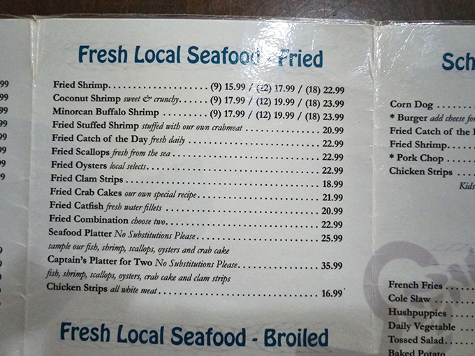 A menu that gets straight to the point&mdash;no fancy descriptions needed when the seafood speaks for itself. The Captain's Platter is basically a delicious dare.