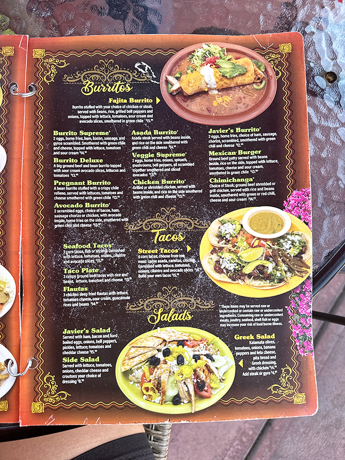 The menu reads like a love letter to comfort food, with burritos and tacos taking center stage. Decision paralysis has never been so delicious.