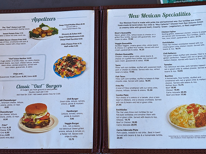 The menu reads like a love letter to New Mexican cuisine, with the green chile cheeseburger taking center stage.