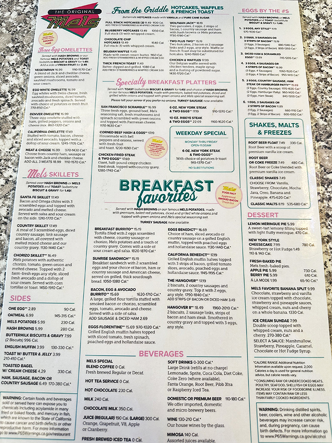 The menu at Mels reads like a love letter to classic American comfort food. Decision paralysis has never been so delicious.