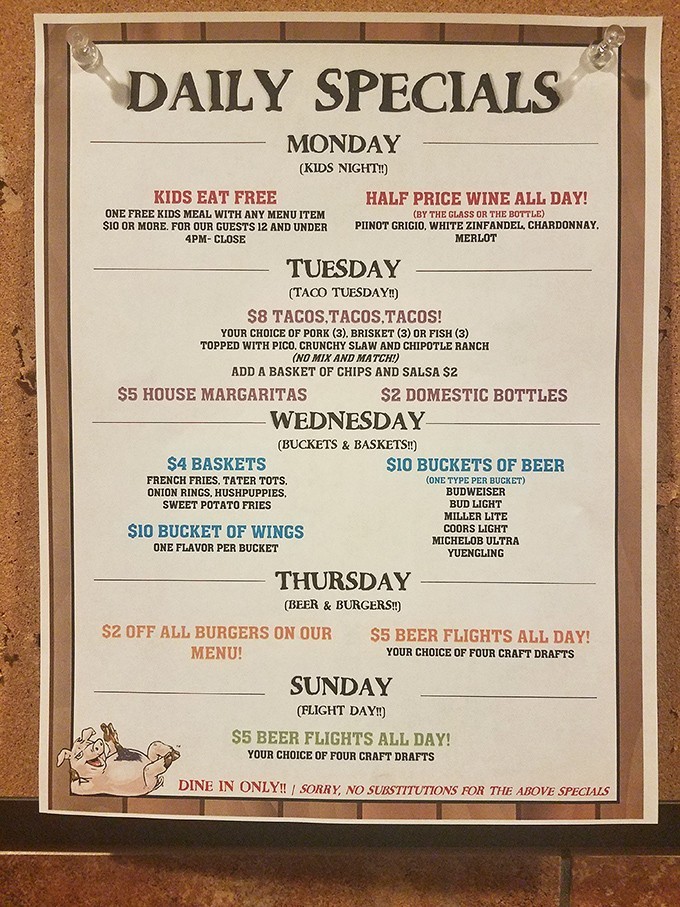 The daily specials board &ndash; a roadmap to happiness. Monday's kids-eat-free policy proves they understand the economics of family dining.