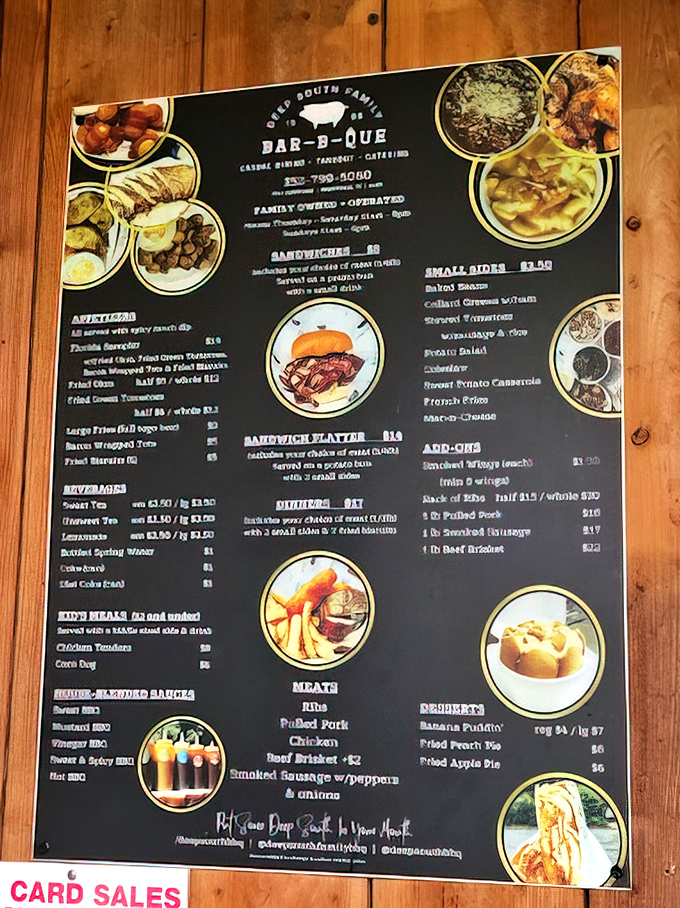 A menu that cuts right to the chase: meat, sides, and just enough dessert options to ensure you'll need to unbutton your pants.