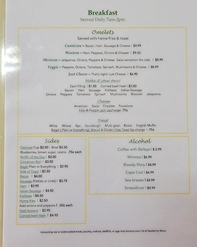 This isn't just a menu; it's a roadmap to happiness. The "Make it your own" omelet section is where breakfast dreams become reality.