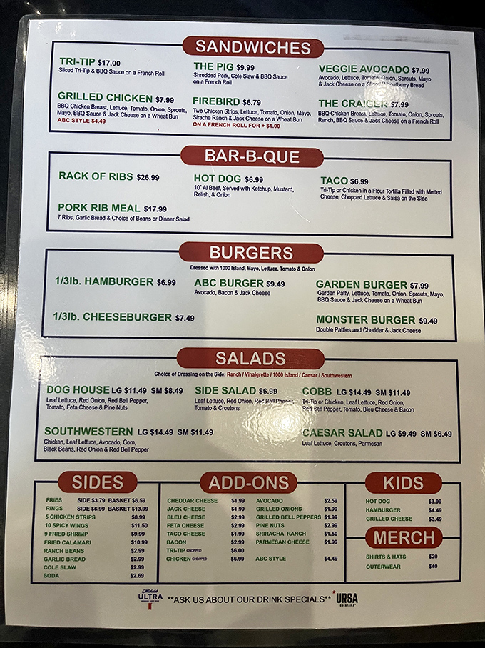 The menu board tells a simple story: burgers, barbecue, and sandwiches without pretension&mdash;just honest food that's earned its loyal following.