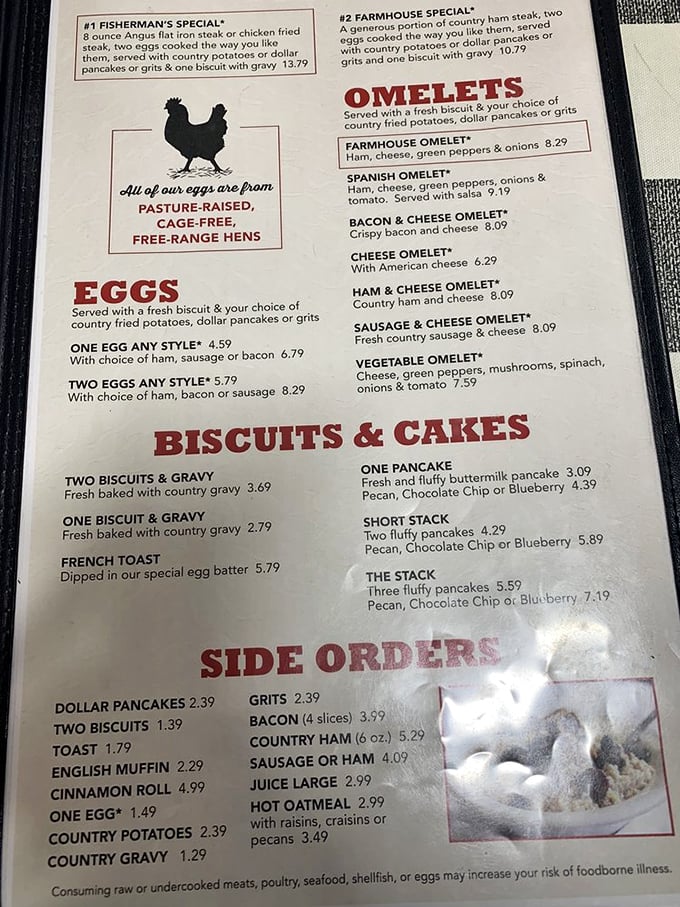 The menu proudly announces "All our eggs are from pasture-raised, cage-free, free-range hens" &ndash; because even in comfort food, quality ingredients make all the difference.