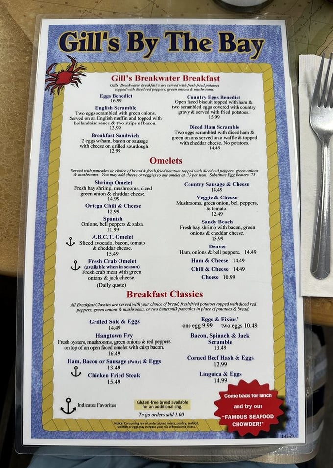 The breakfast menu reads like coastal poetry – "Sandy Beach" omelets and "Hangtown Fry" tell tales of California's culinary heritage between the laminated pages.