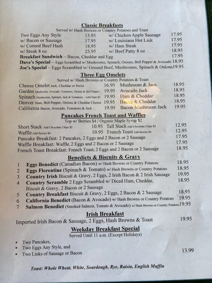 A menu that doesn't need fancy fonts or trendy descriptions—just honest breakfast classics that have stood the test of time.