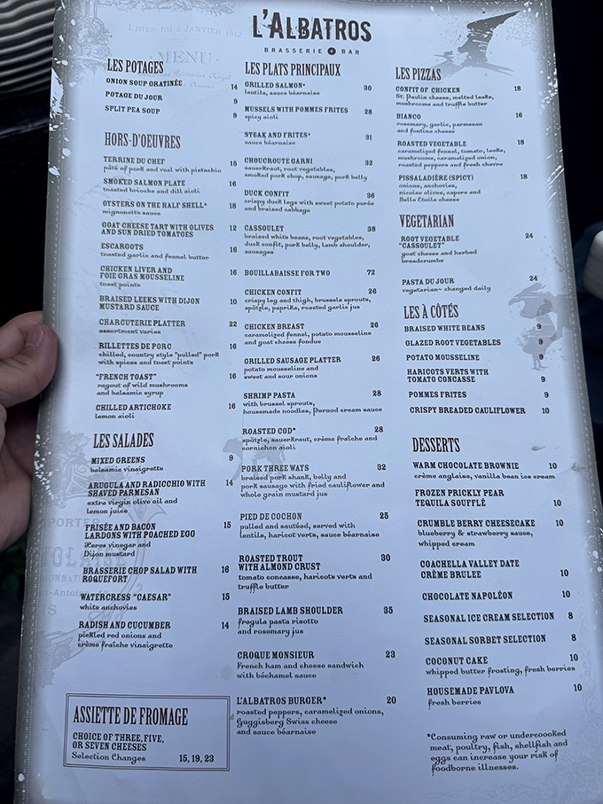 The menu reads like a love letter to French cuisine, with classics like Cassoulet and Steak Frites sharing space with seasonal specialties.