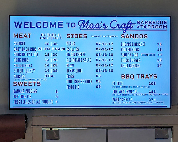 A menu board that reads like poetry to carnivores. Moo's offers everything from brisket to banana pudding, with plenty of sides to round out the experience.