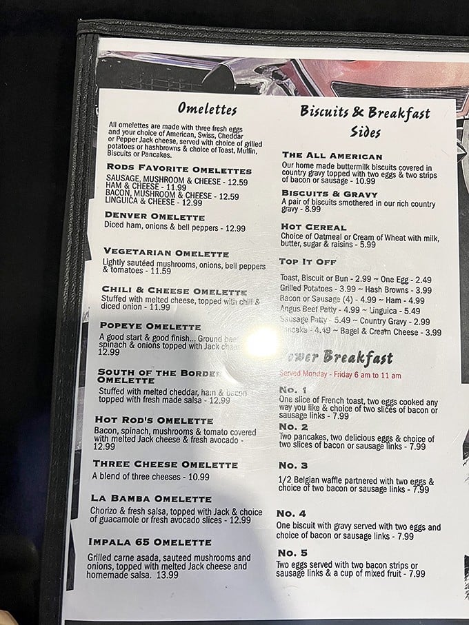 The menu reads like a love letter to breakfast classics, with omelets named after iconic cars. The Impala 65 has me revving my appetite!