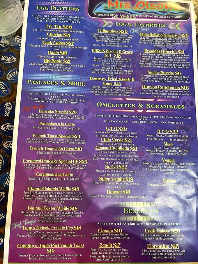 The menu reads like a love letter to morning indulgence, with breakfast burritos stealing the spotlight among a supporting cast of classics.