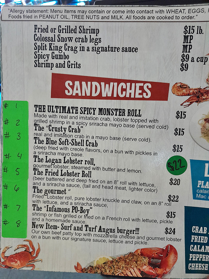 A menu that reads like adventure&mdash;lobster rolls, spicy monsters, and a &ldquo;Crusty Crab&rdquo; worth grinning about.