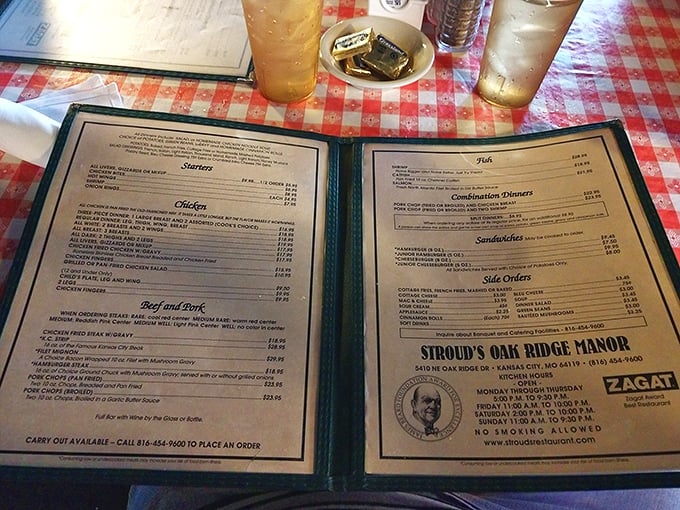 The menu at Stroud's tells a story of American comfort food classics, each dish representing decades of culinary tradition that's stood the test of time.