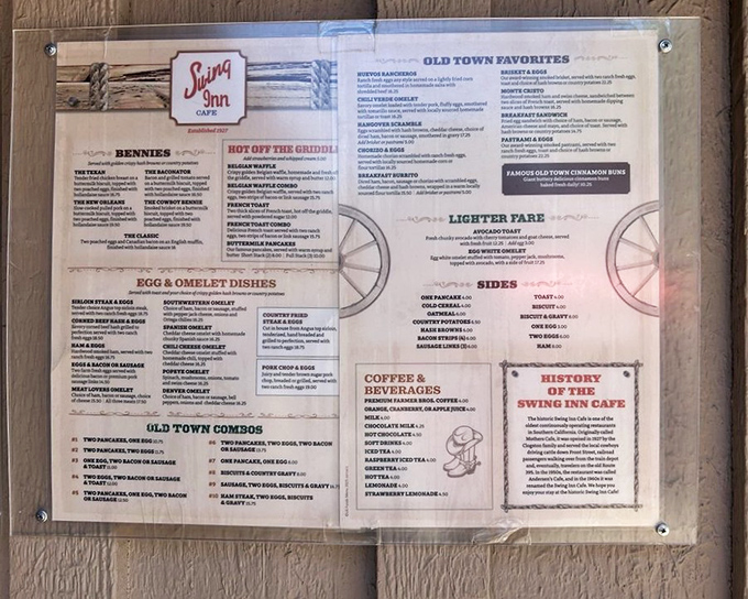 This menu isn't just reading material &ndash; it's a roadmap to happiness with sections like "Bennies" and "Old Town Cowboys" guiding your culinary adventure.