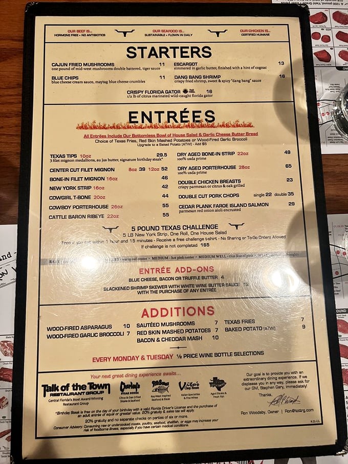 The menu reads like a carnivore's dream journal. That 5-pound Texas Challenge isn't just a meal&mdash;it's a mountain to conquer.