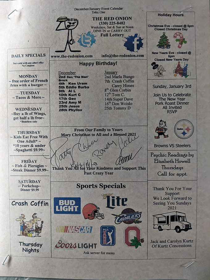 The Red Onion&rsquo;s calendar isn&rsquo;t just about food&mdash;it&rsquo;s birthdays, beer specials, psychic readings, and a pork roast Sunday worth circling twice.