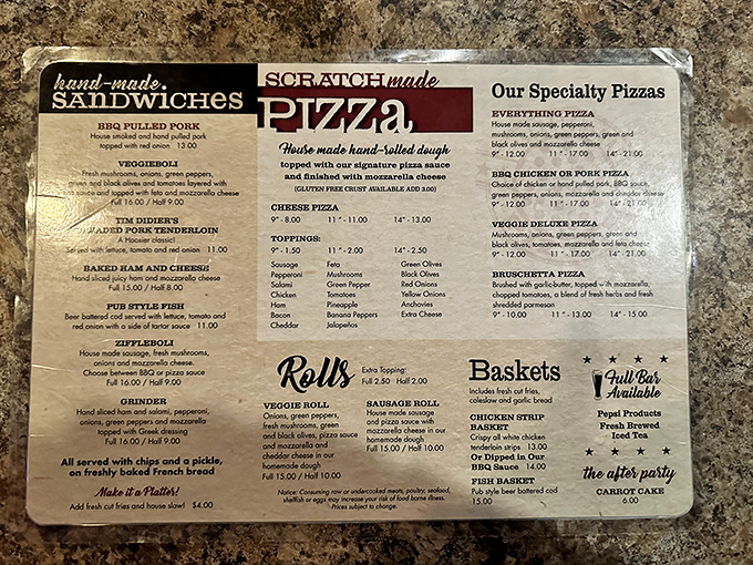 This menu isn't just a list&mdash;it's a roadmap to happiness. The handmade sandwiches and scratch-made pizza sections might cause decision paralysis in the best possible way.