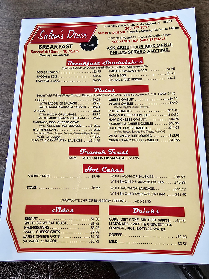 This menu isn't just a list of food&mdash;it's a roadmap to breakfast bliss, with the legendary "Trashcan" standing tall among classics.