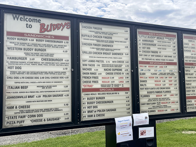 The menu board at Buddy's reads like a love letter to American comfort food classics, with each item promising its own unique brand of satisfaction.