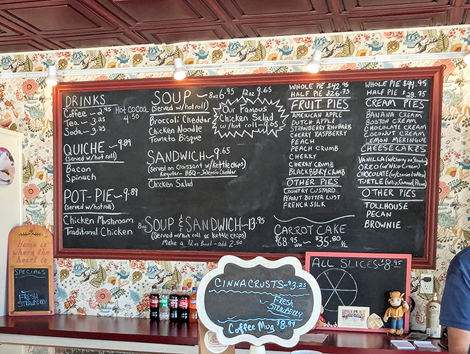 The chalkboard menu reads like poetry to hungry travelers &ndash; a siren song of fruit pies, cream pies, and savory options that make decision-making deliciously difficult.