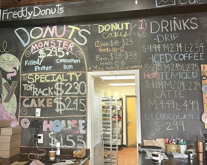 The chalkboard menu, a colorful manifesto of fried dough possibilities. "Monster" donuts live up to their name, while specialty offerings tempt even the most disciplined visitor.