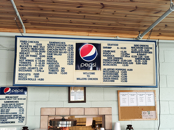 The menu board tells the whole delicious story—fried chicken is the headliner, but the supporting cast deserves standing ovations too.