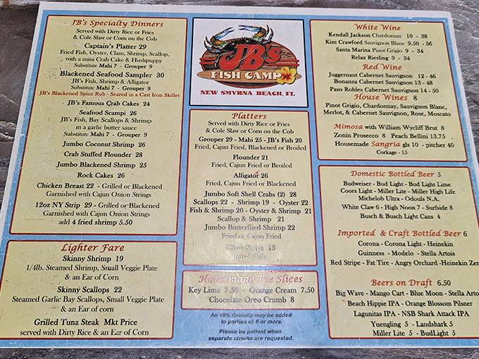The menu at JB's reads like a love letter to the sea. Each item represents decades of Florida fishing tradition served with a side of coastal charm.