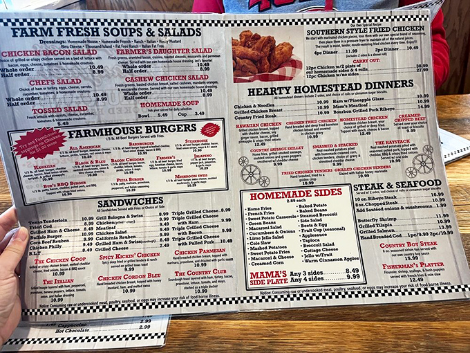 A menu that requires both hands and serious decision-making skills. Each checkered-bordered section offers a new dilemma of deliciousness.