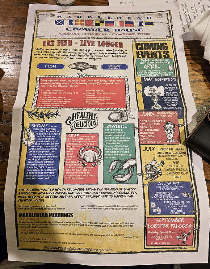 Their playful placemat menu doesn't just list delicious seafood options&mdash;it actually tries to convince you fish is healthy. Sold!