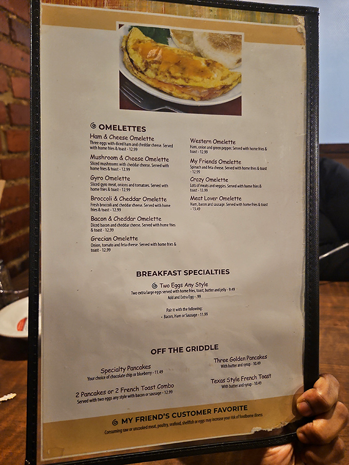 The menu reads like a love letter to breakfast classics. Each option promises comfort and satisfaction without unnecessary frills.