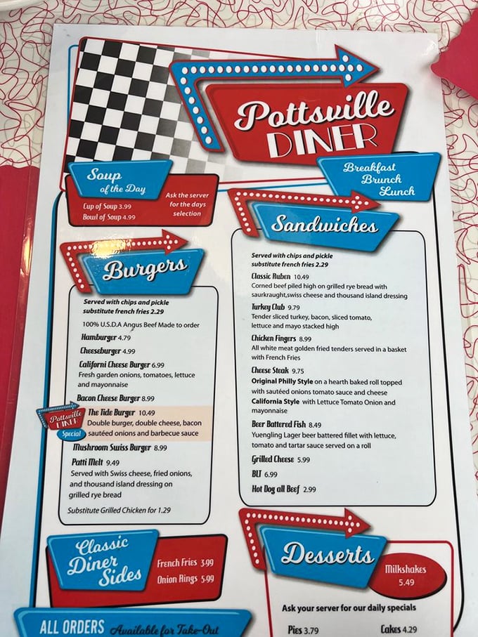 A menu that doesn't need a translator or a bank loan. The Tide Burger's siren call of double patties and barbecue sauce is practically audible.