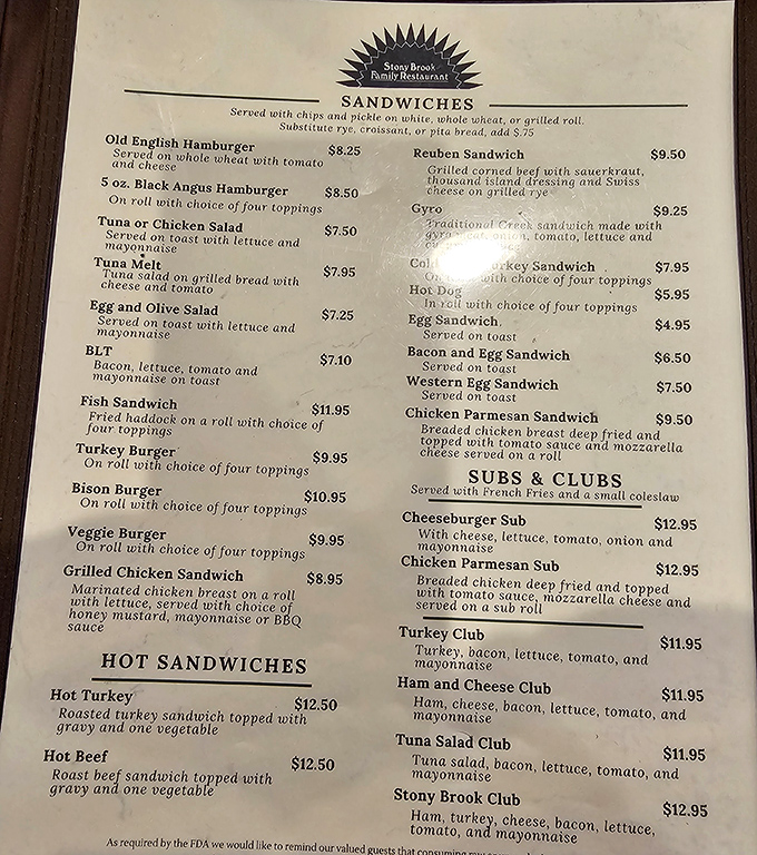 The menu that launched a thousand road trips, featuring the legendary Bagel Stuffer in all its glory.