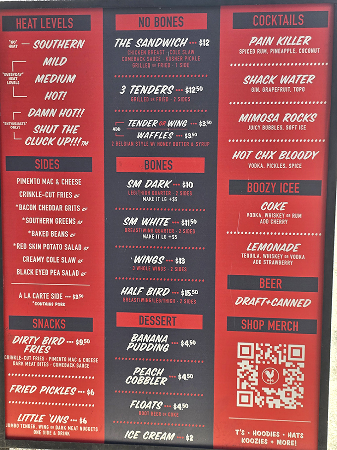That heat scale isn't just a menu&mdash;it's a personality test. "Southern" for the sensible, "Shut the Cluck Up!!!" for those with something to prove.