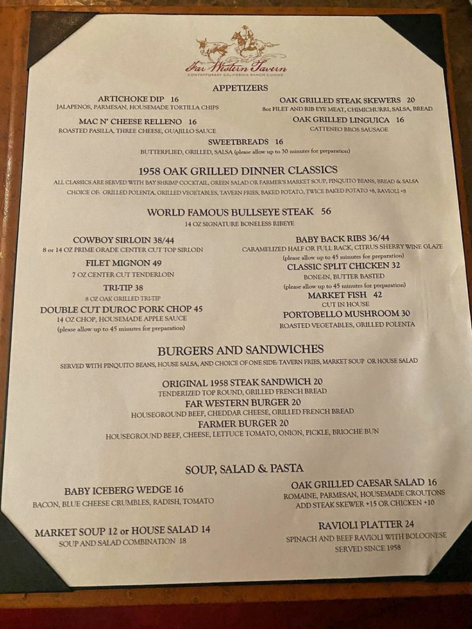 This isn't just a menu&mdash;it's a declaration of delicious intent. The "World Famous Bullseye Steak" isn't just bragging; it's a promise kept with every bite.