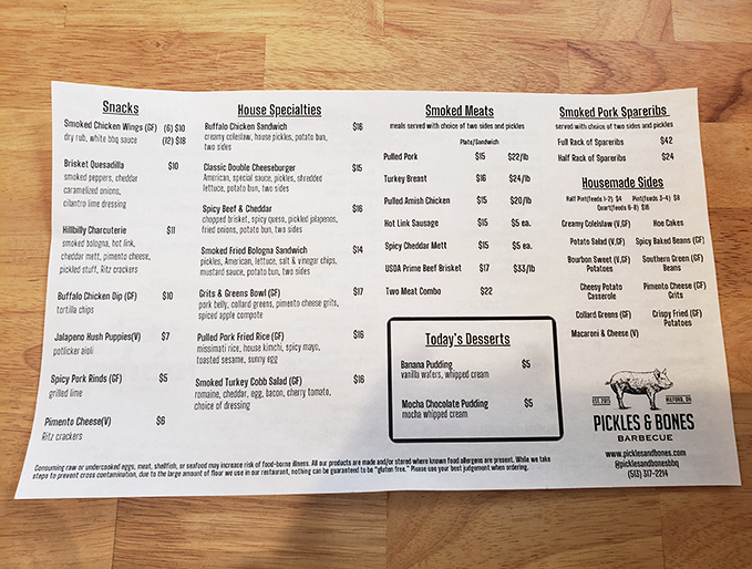 A menu that reads like a love letter to smoked meats. Notice how "sold out" appears nowhere&mdash;but arrive early just in case.