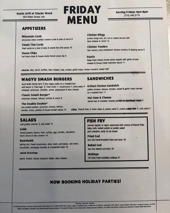 This isn't just a menu&mdash;it's a roadmap to comfort. Wisconsin's soul on paper, from fish fry to burgers, each item a potential memory in the making.