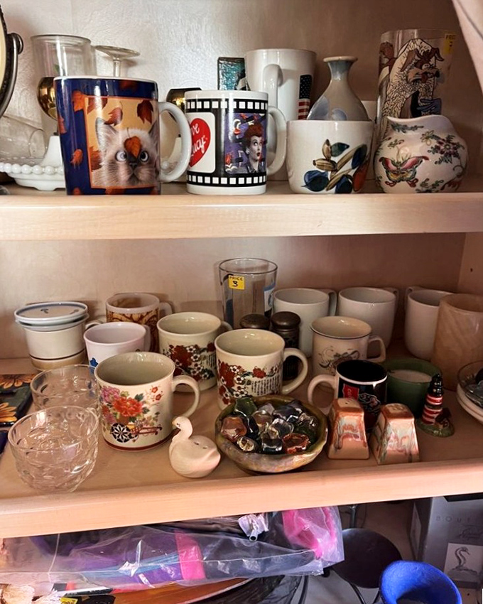 Mugs with personality! From cat faces to film strips, each ceramic vessel here has lived a life before yours and is ready for its second act.