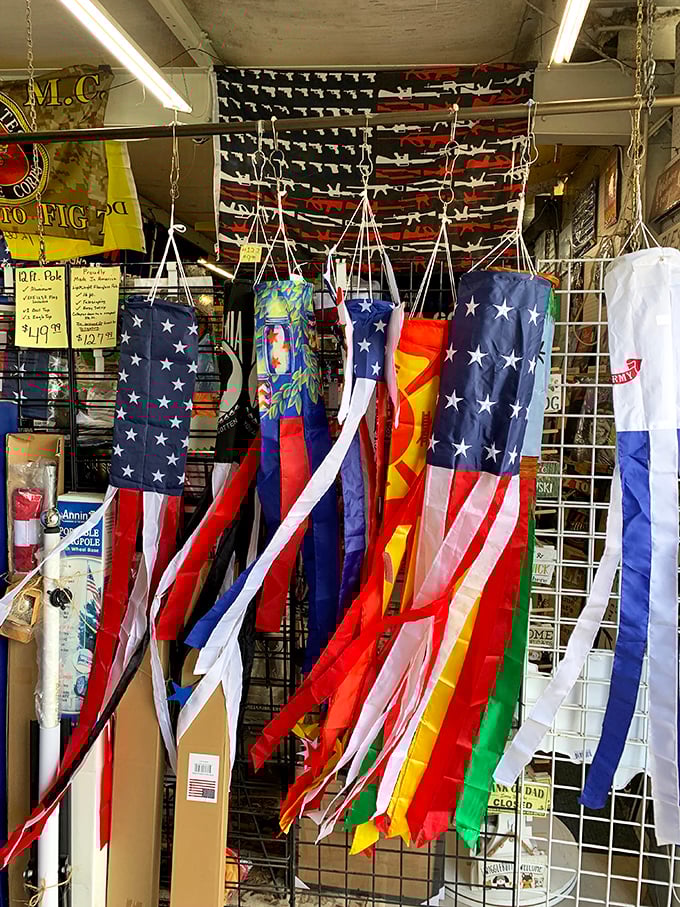 These fluttering flags aren't just decorative; they're a patriotic semaphore system signaling "amazing deals ahead" to savvy shoppers.