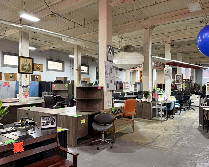 Office chairs lined up like they're auditioning for your home workspace &ndash; ergonomic dreams at thrift store prices.