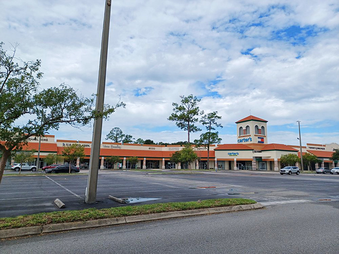 Blue skies frame this shopping paradise where your credit card can take a vacation while you still bring home the goods.