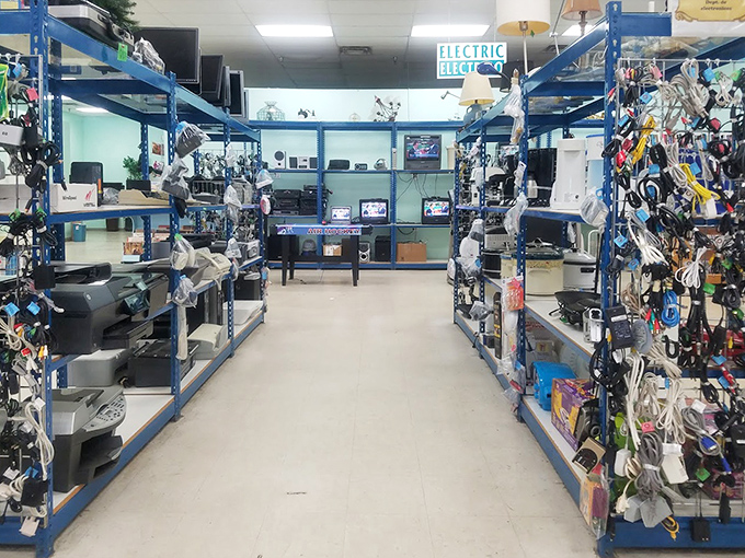 The electronics aisle: where forgotten gadgets and mysterious cables find new purpose. One person's obsolete is another's essential!