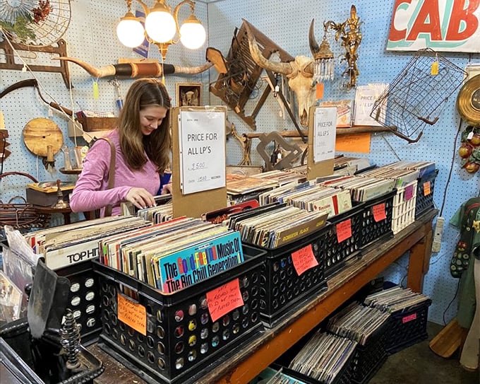 Vinyl heaven! Records from every era await new turntables, while vintage collectibles create the perfect backdrop for musical time travel.