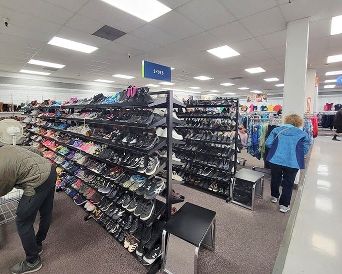Shoe heaven! Rows upon rows of footwear for every occasion await new owners. From barely-worn sneakers to dress shoes, your next favorite pair is calling.