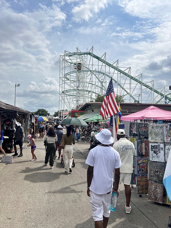 Where shopping meets thrill-seeking. Nothing says "I'm serious about my flea market experience" like a roller coaster looming over your bargain hunt.