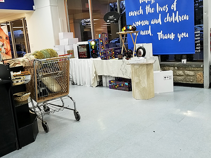 The blue sign says it all&mdash;your bargain hunting supports women and children in need. Shopping with purpose never looked so good.